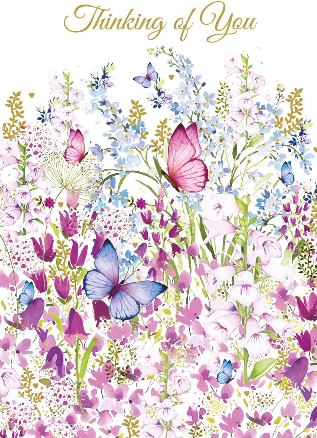 Nigel Quiney Thinking of You Card - Purple Flowers and Butterflies with ...