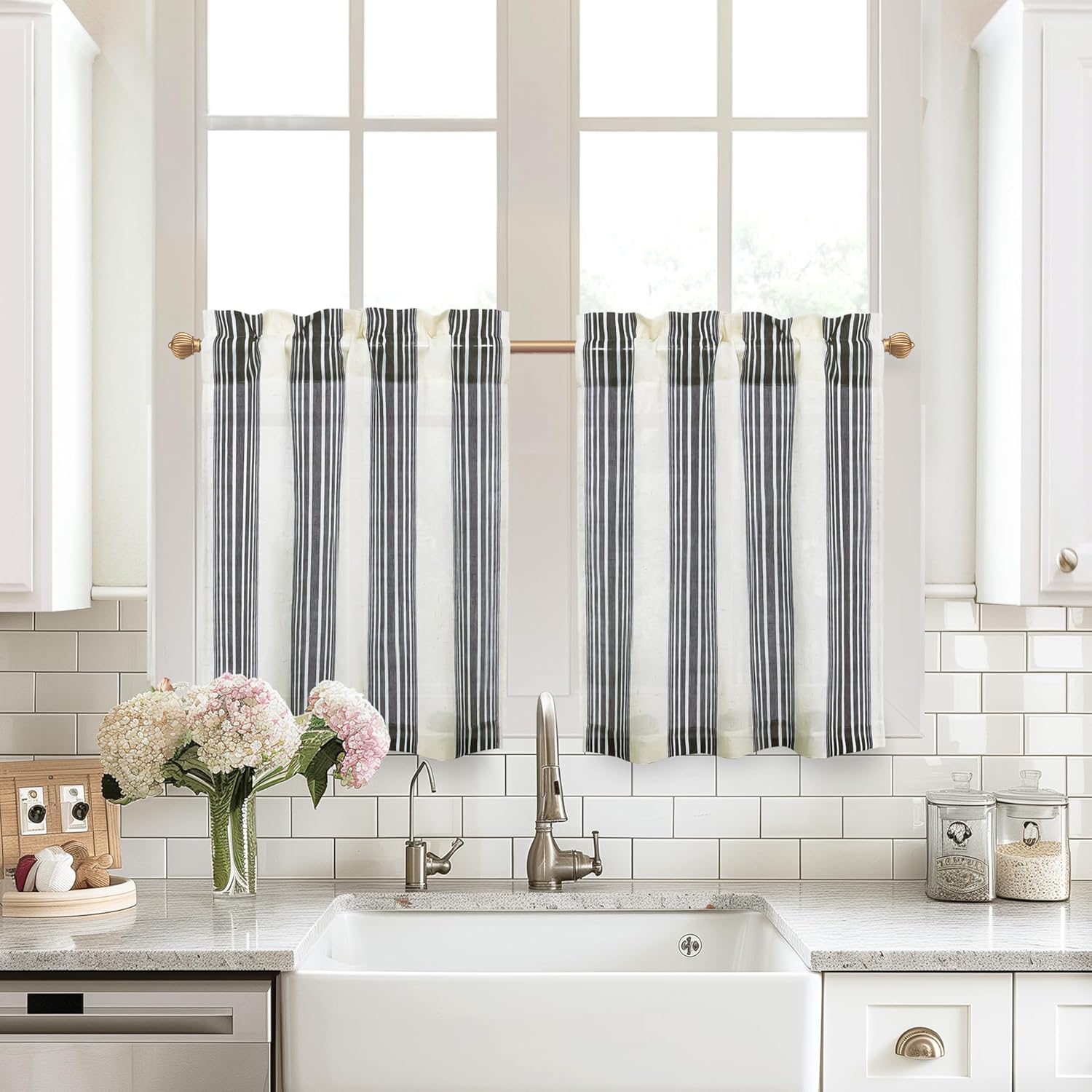 Amazon.com: DriftAway Kitchen Curtains Striped Tier Linen Short ...