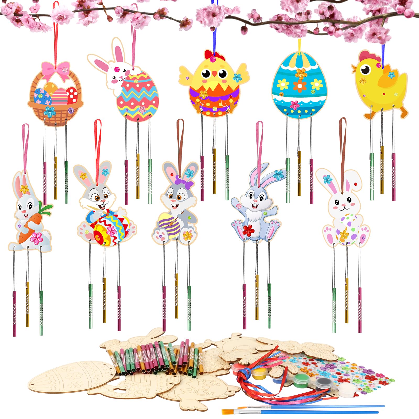 WEDNOK 10 Pack Easter Wind Chime Kit for Kids Make You Own Bunny Egg ...