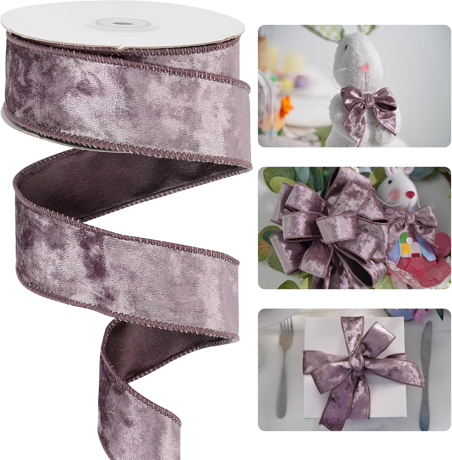 Amazon.com: HUIHUANG Dusty Purple Velvet Wired Ribbon 1-1/2", Purple ...
