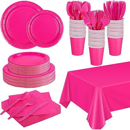 Amazon.com: ADXCO 351 Pieces Hot Pink Paper Dinnerware Set Solid Color ...