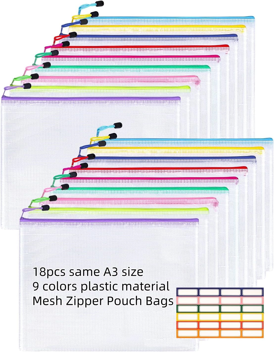 Amazon.com : A3 Mesh Zipper Pouch Bags, 18pcs 9 Colors Plastic Zipper ...