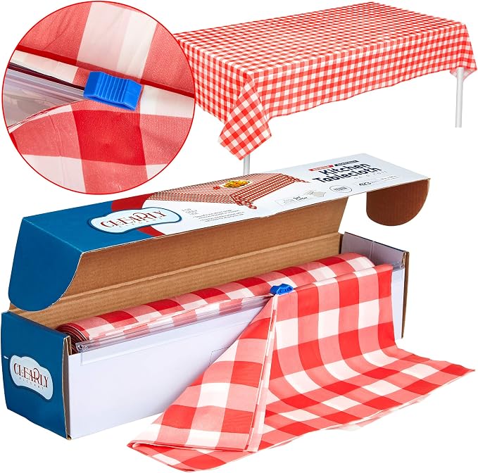Amazon.com: Red Gingham Plastic Tablecloth Roll With Cutter, 100' x 52 ...