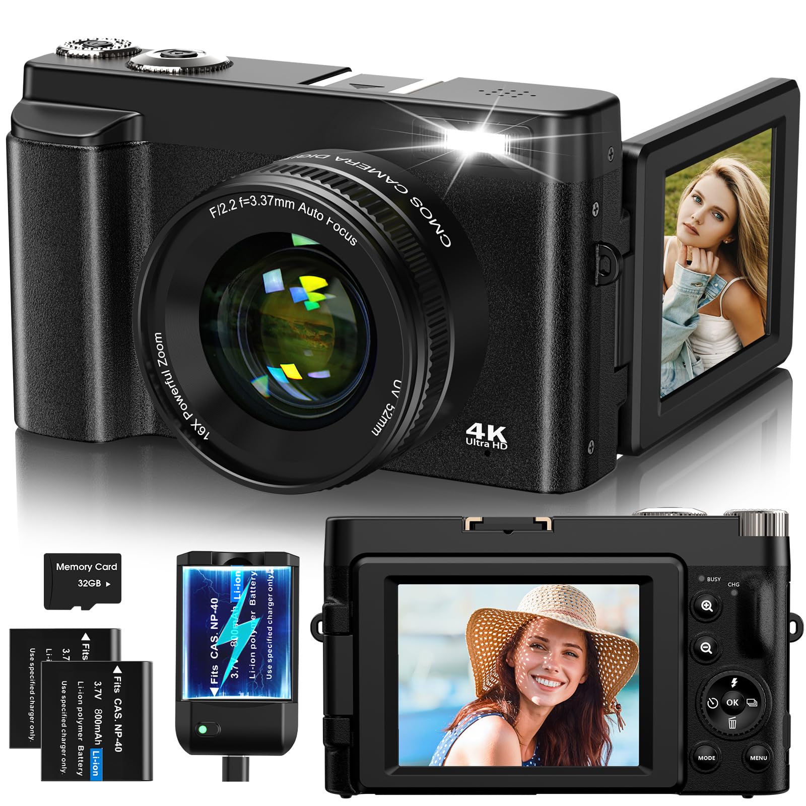 Fotocamera Digitale 4K,48MP Autofocus Videocamera per Vlogging con ...