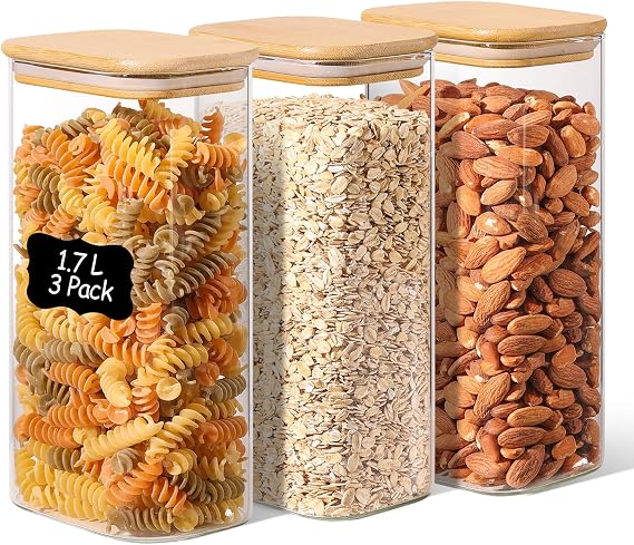 ComSaf Set of 3 Storage Jars with Lid, Airtight 1.7 L, Glass Containers ...