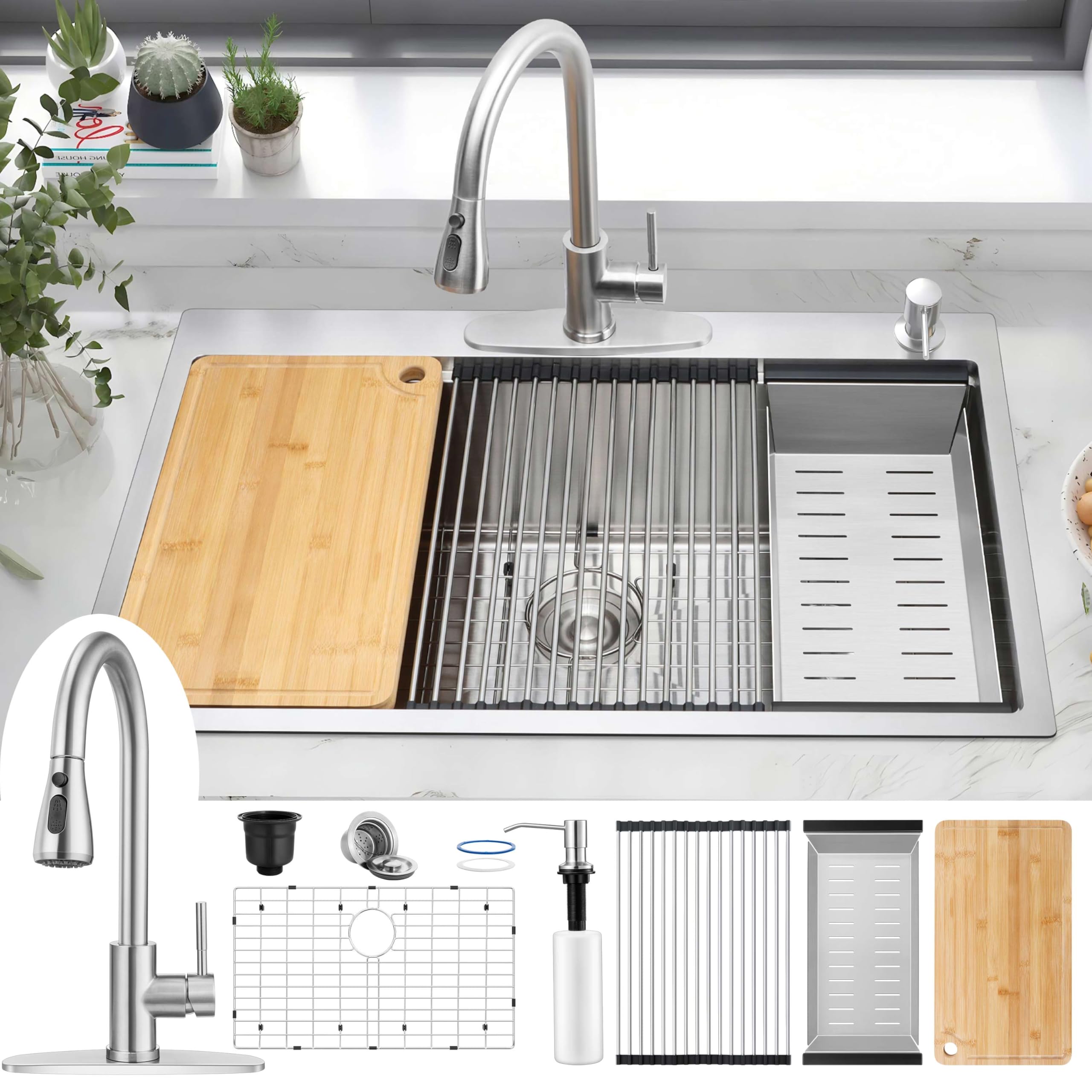 Herogo 33x22Inch Drop In Kitchen Sink with Kitchen Faucet, 18/10 ...