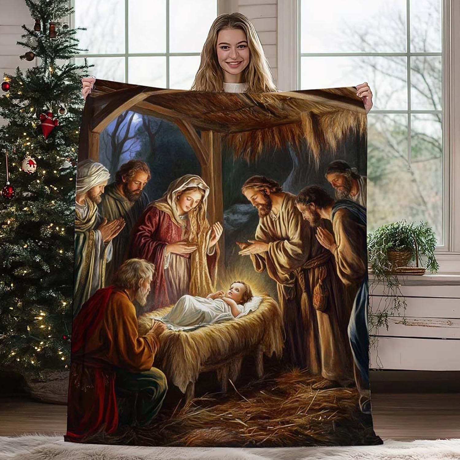 Amazon.com: Christmas Nativity Scene Blanket, Flannel Nativity Scene ...