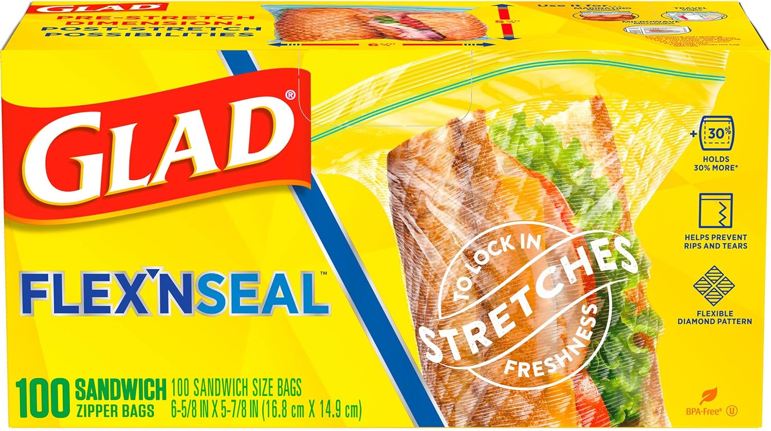 Amazon.com: GLAD FLEXN' SEAL Zipper Food Storage Sandwich Bags, On-the ...