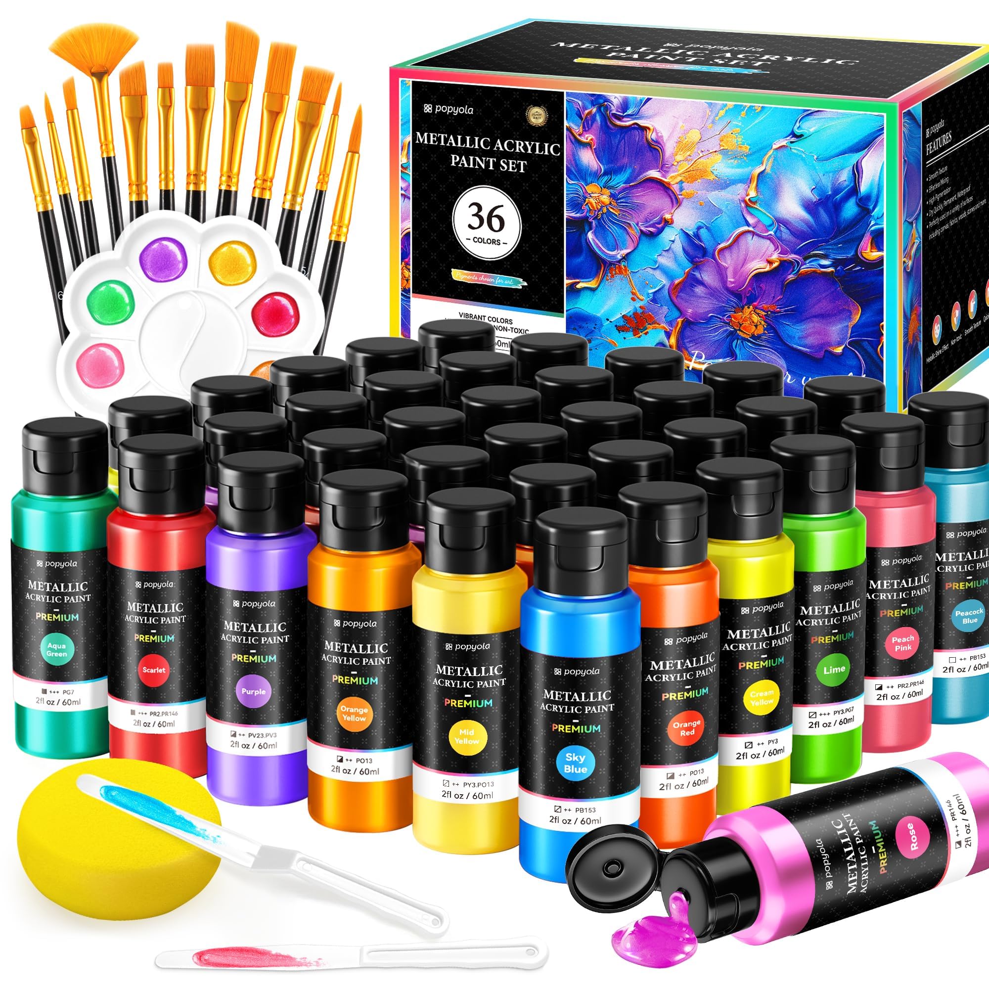 Amazon.com: 52 PCS Metallic Acrylic Paint Set with 12 Brushes, 2 Knives ...