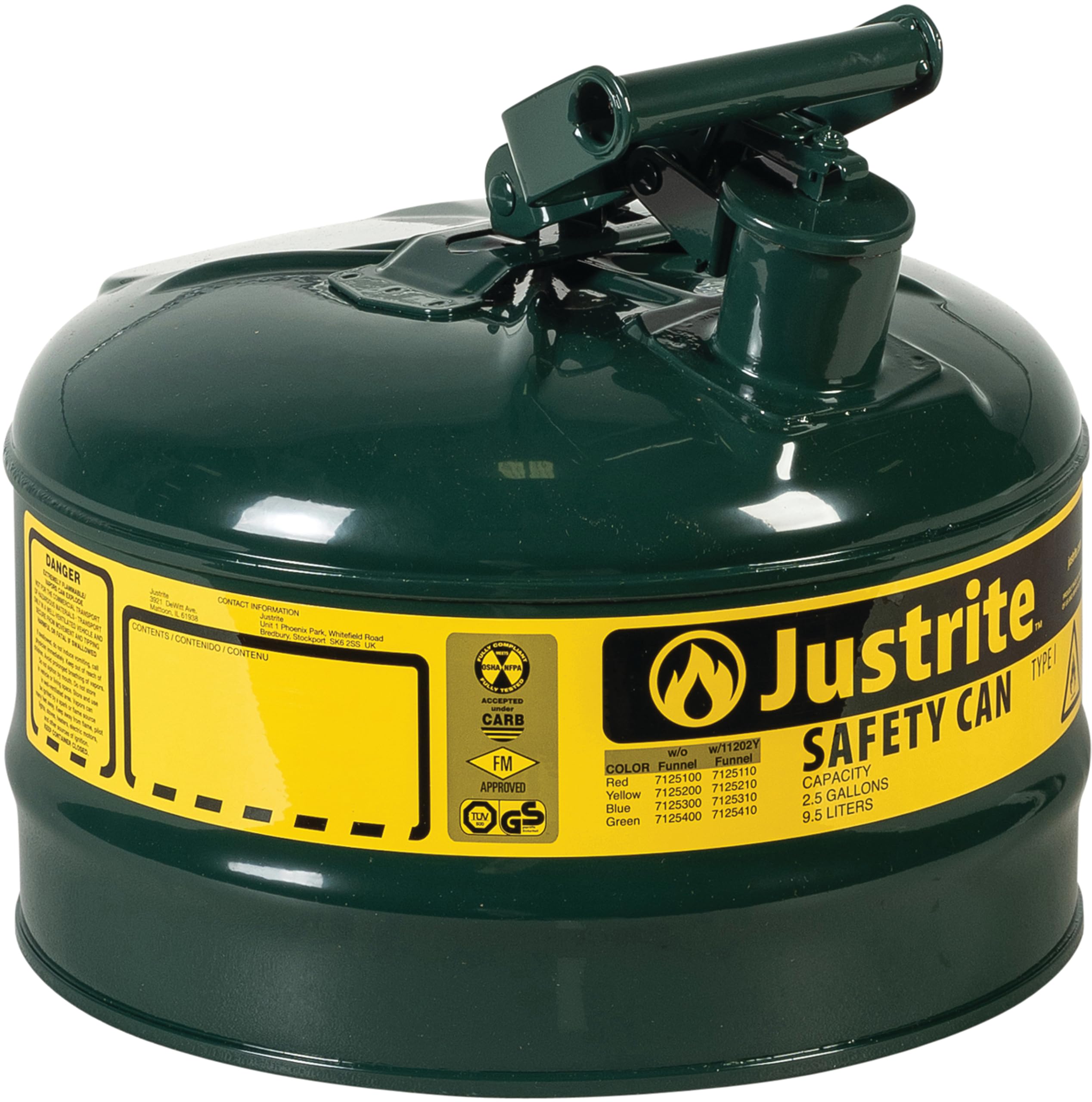 Snapklik.com : Justrite 2.5 Gallon Type I Green Safety Can For Oil