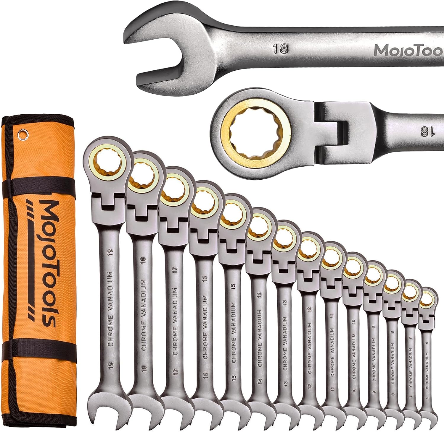 MoJoTools 23-Piece Flex-Head Ratcheting Combination Wrench Set-Includes ...