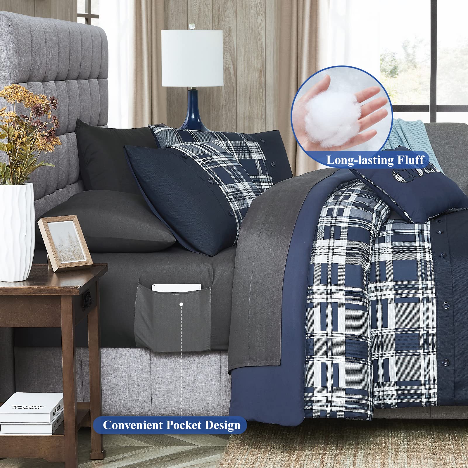 WRENSONGE Plaid Queen Comforter Set, 8 Pieces Blue Printed and Spliced ...