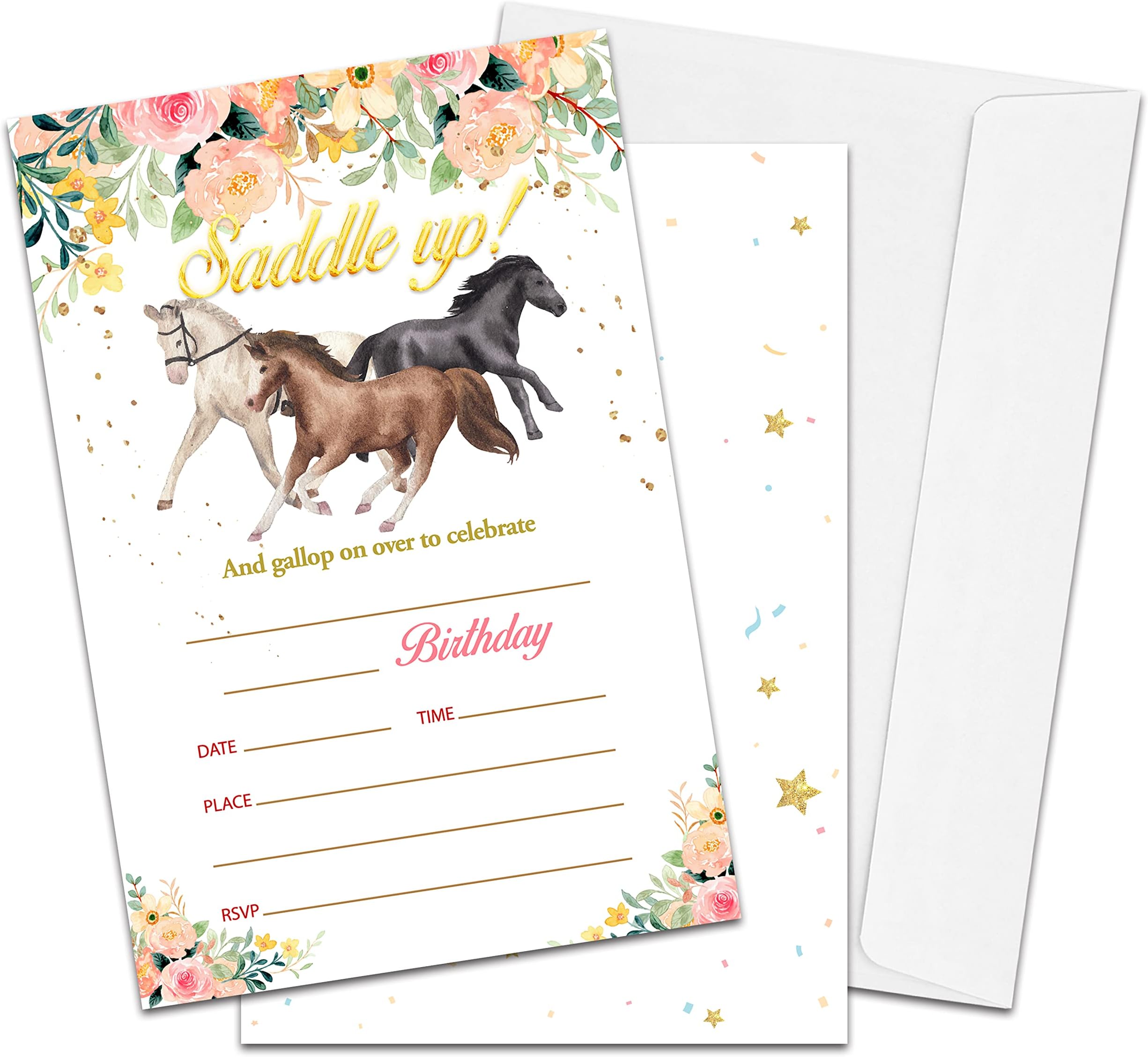 Amazon.com : Nuckxy Floral Horse Birthday Invitation(4"X 6"), Saddle On ...