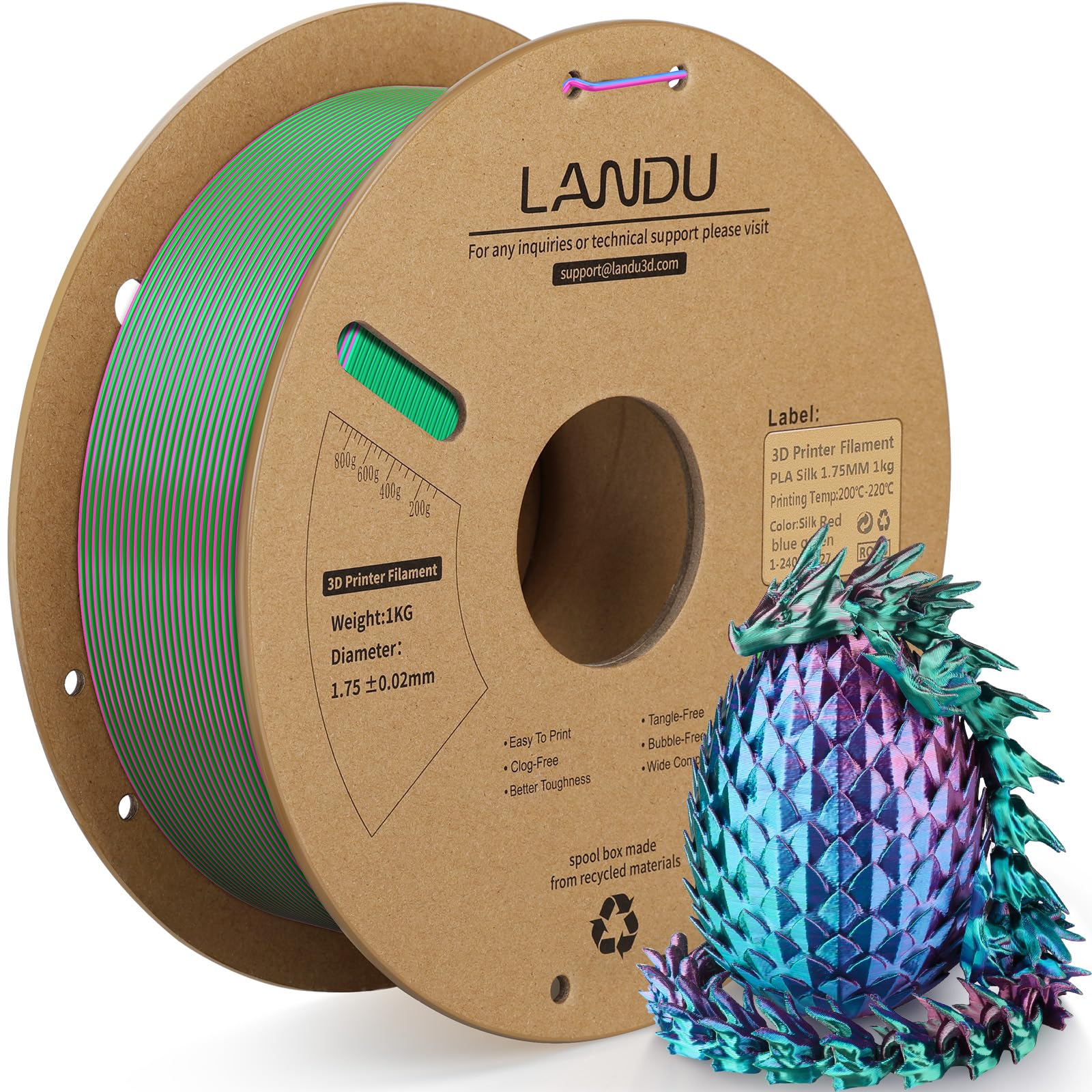 LANDU Silk Tri-Color PLA Filament 1.75mm 1Kg, Triple Color Silk PLA ...