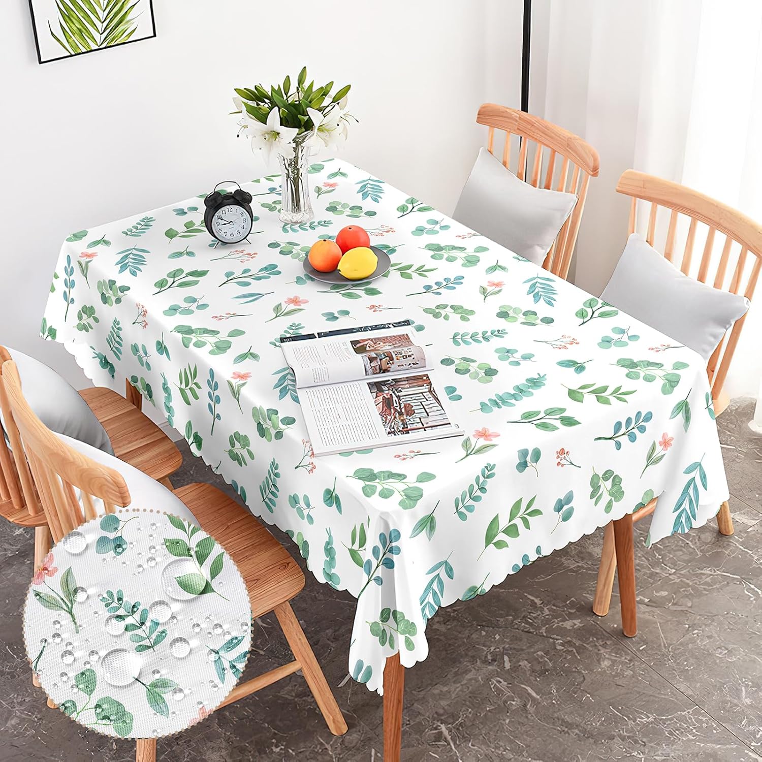 G-dake Tablecloth Wipe Clean Rectangular, Eucalyptus Leaf& flowers ...