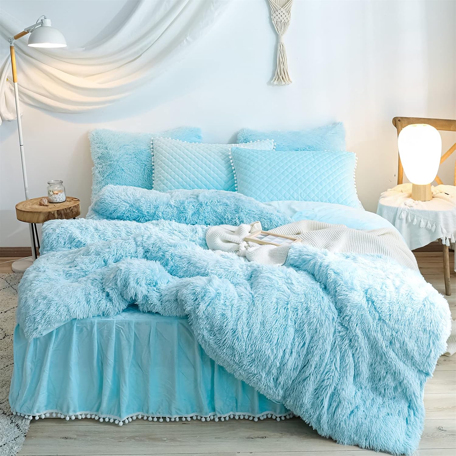 Amazon.com: HAIHUA Blue Fluffy Comforter Cover Queen，Faux Fur Light ...
