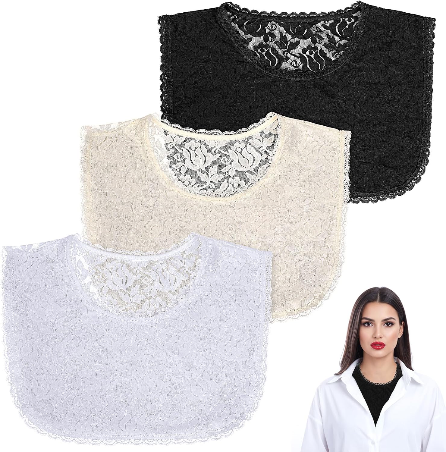 SHENLIU 3 Pcs Lace Cleavage Cover up for Low Neckline Fake Collars for ...