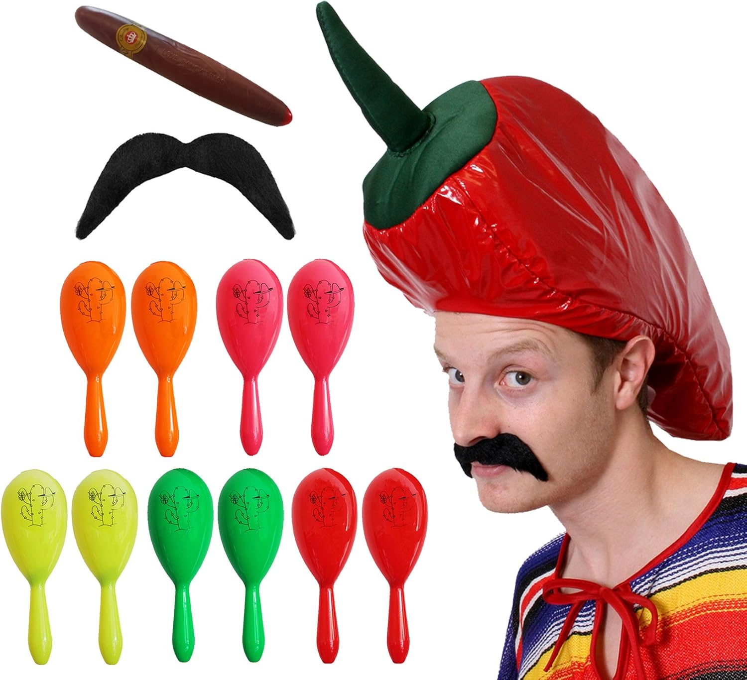 MEXICAN RED CHILLI HAT, 2X PLASTIC MARACAS, JUMBO CIGAR AND STICK ON ...
