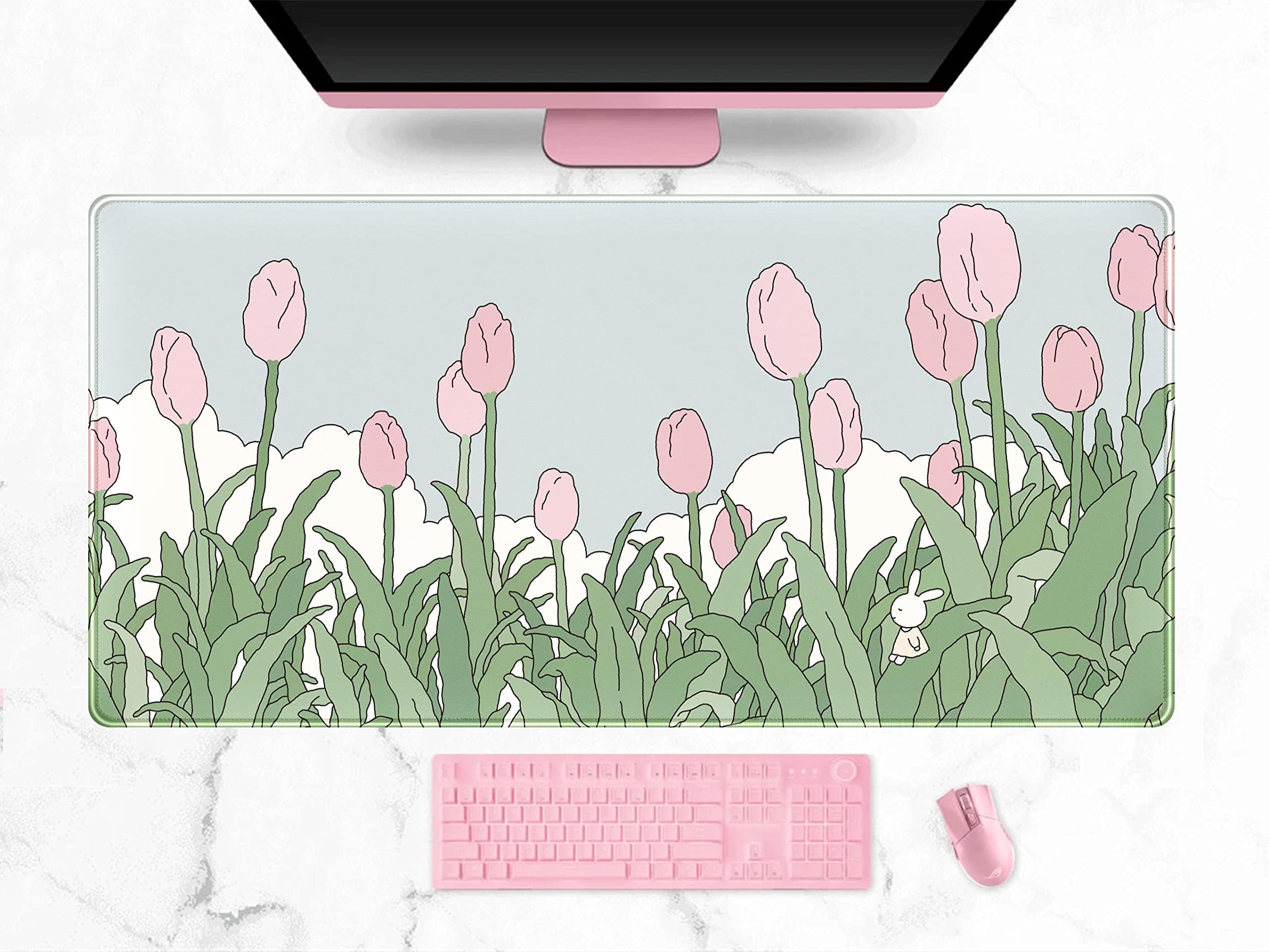 Amazon.com : Kawaii Green Desk Mat Cute Mouse Pad Japanese, Flowers and ...