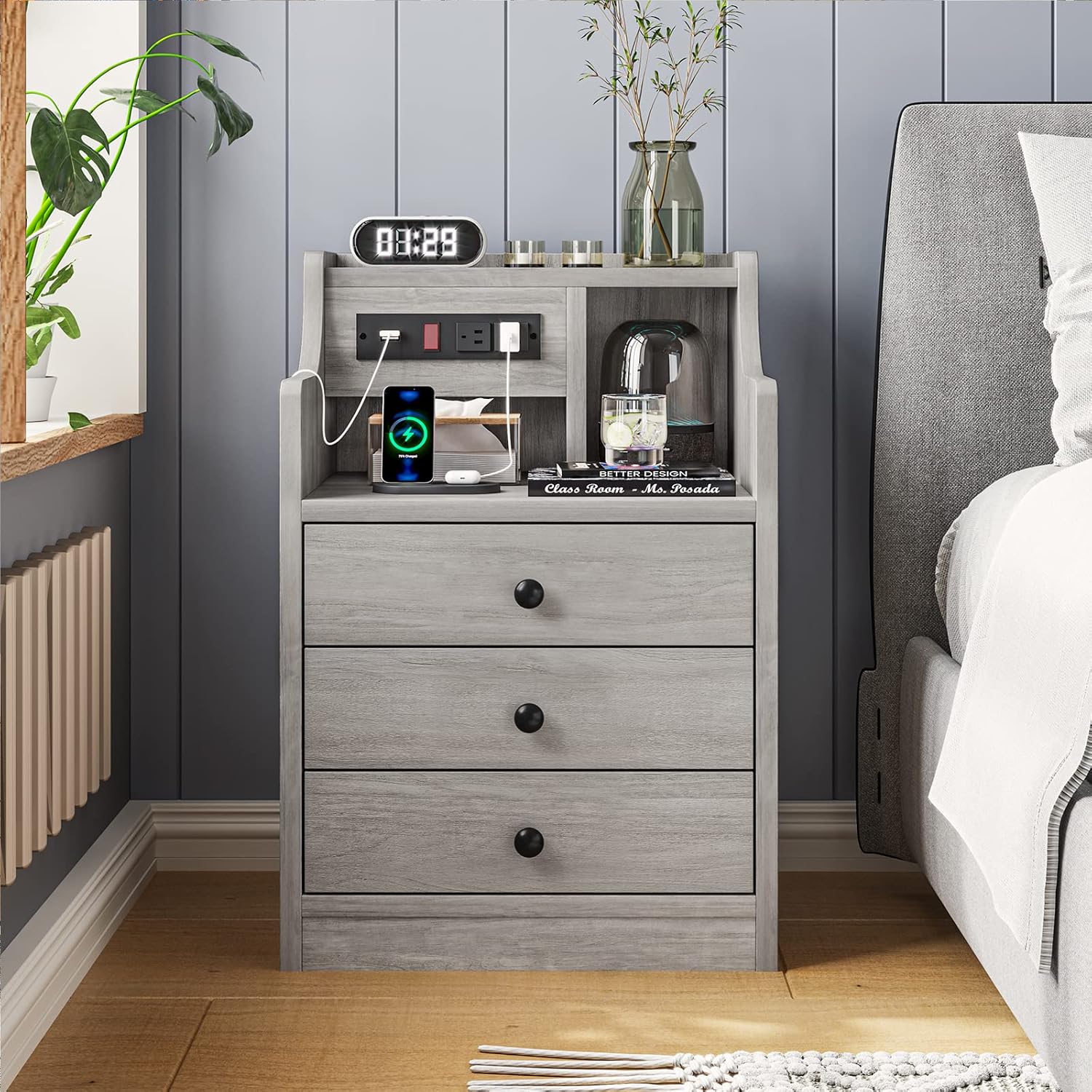 Amazon.com: Tiptiper Nightstand with Charging Station, Grey Night ...