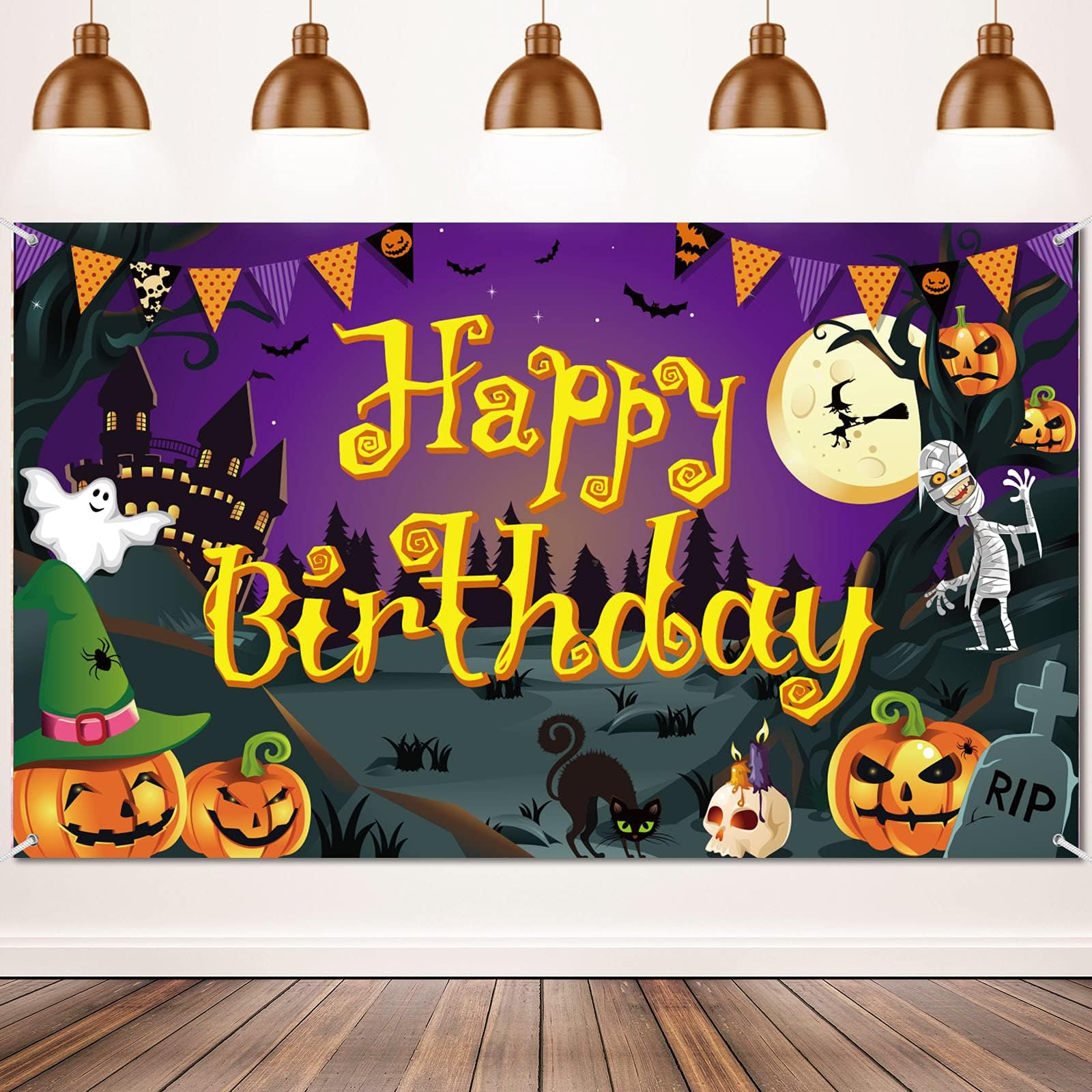 Amazon.com : Famoby Happy Birthday Halloween Theme Fabric Sign Poster ...