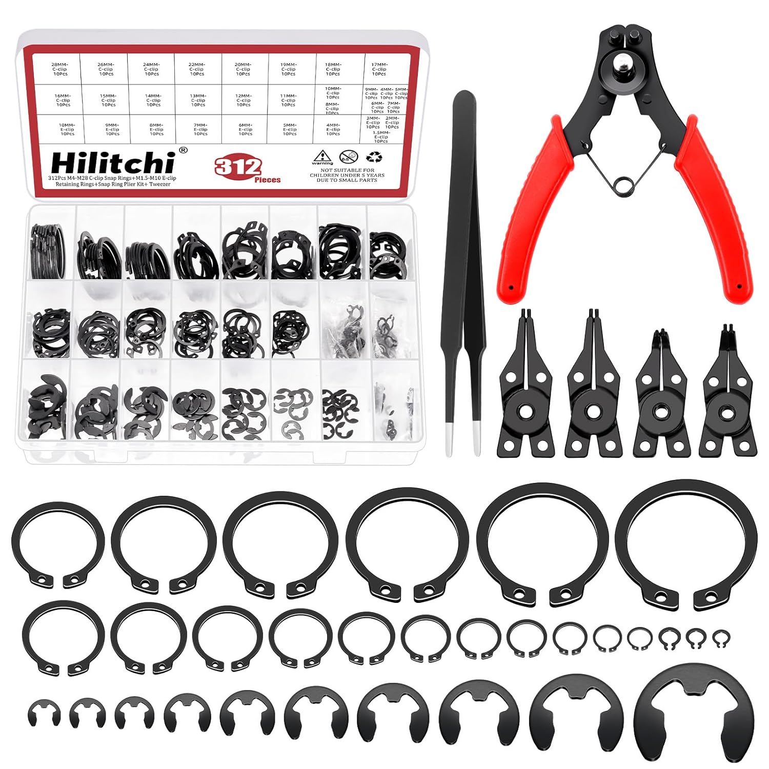 Hilitchi 312Pcs Snap Rings Assortment Kit Manganese Steel C-Clip ...