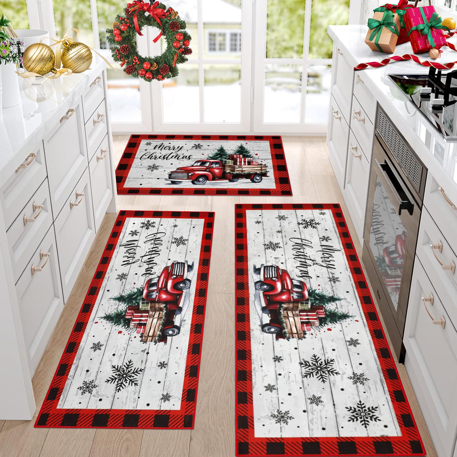 Amazon.com: Falflor Christmas Kitchen Rugs Set of 3, Christmas Tree ...