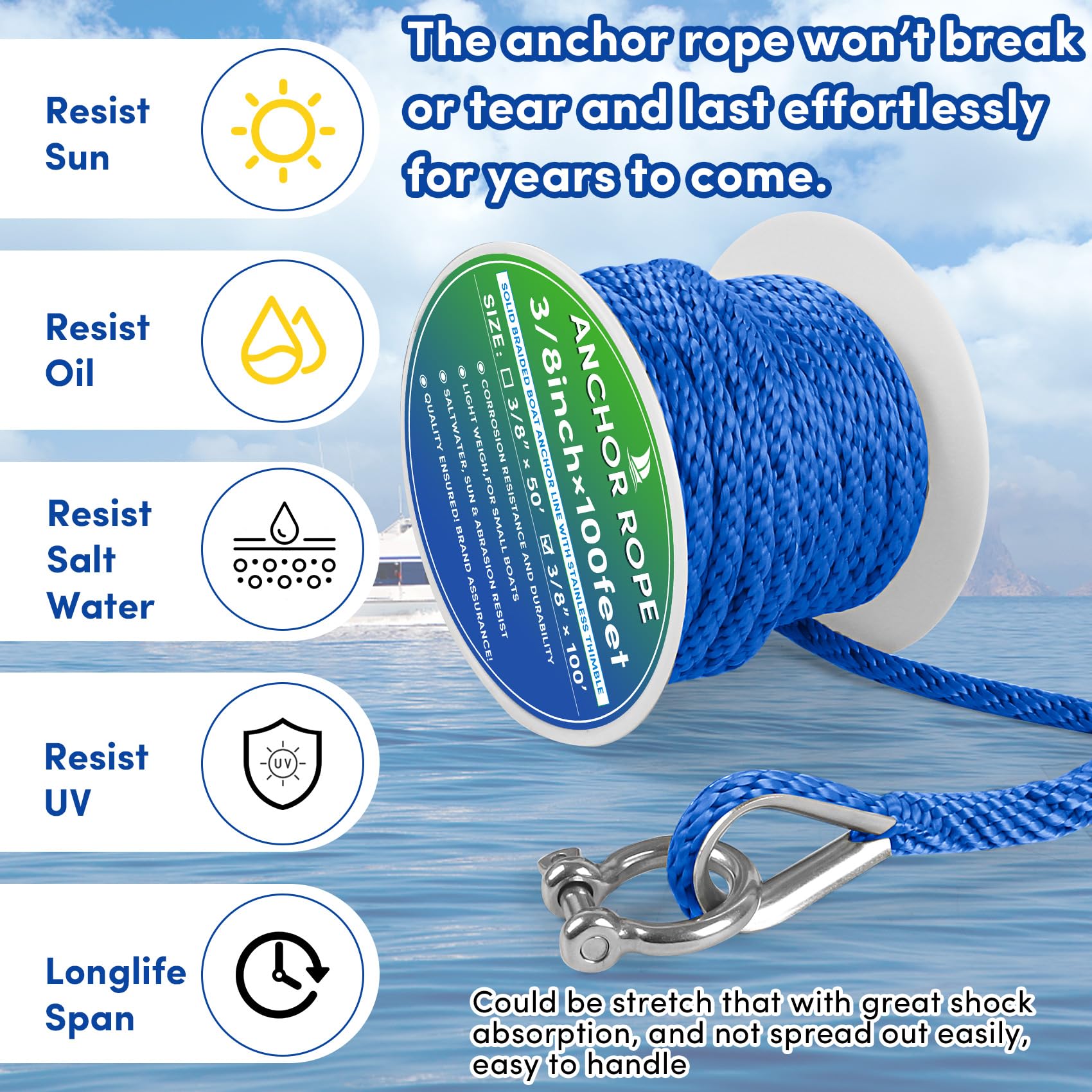 Snapklik.com : Premium Anchor Rope 100 Ft X 3/8 Inch, Solid Braid MFP ...