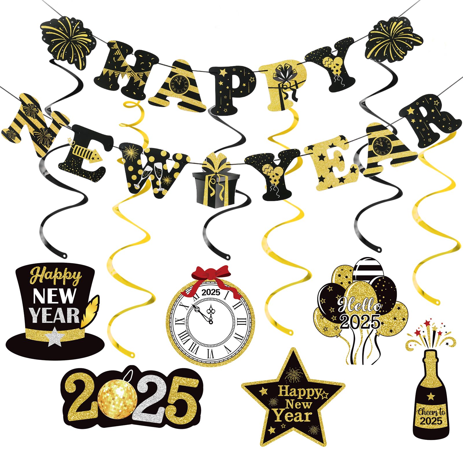 Amazon.com: Black&Gold Happy New Year Banner Happy 2025 New Years ...