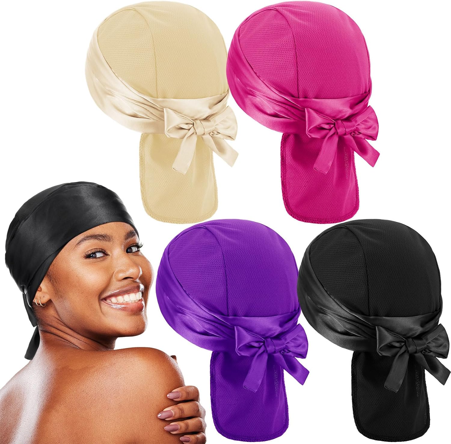 Silicherry 4 Pcs Durag for Women Satin Wrap Cap for Black Hair Silk ...