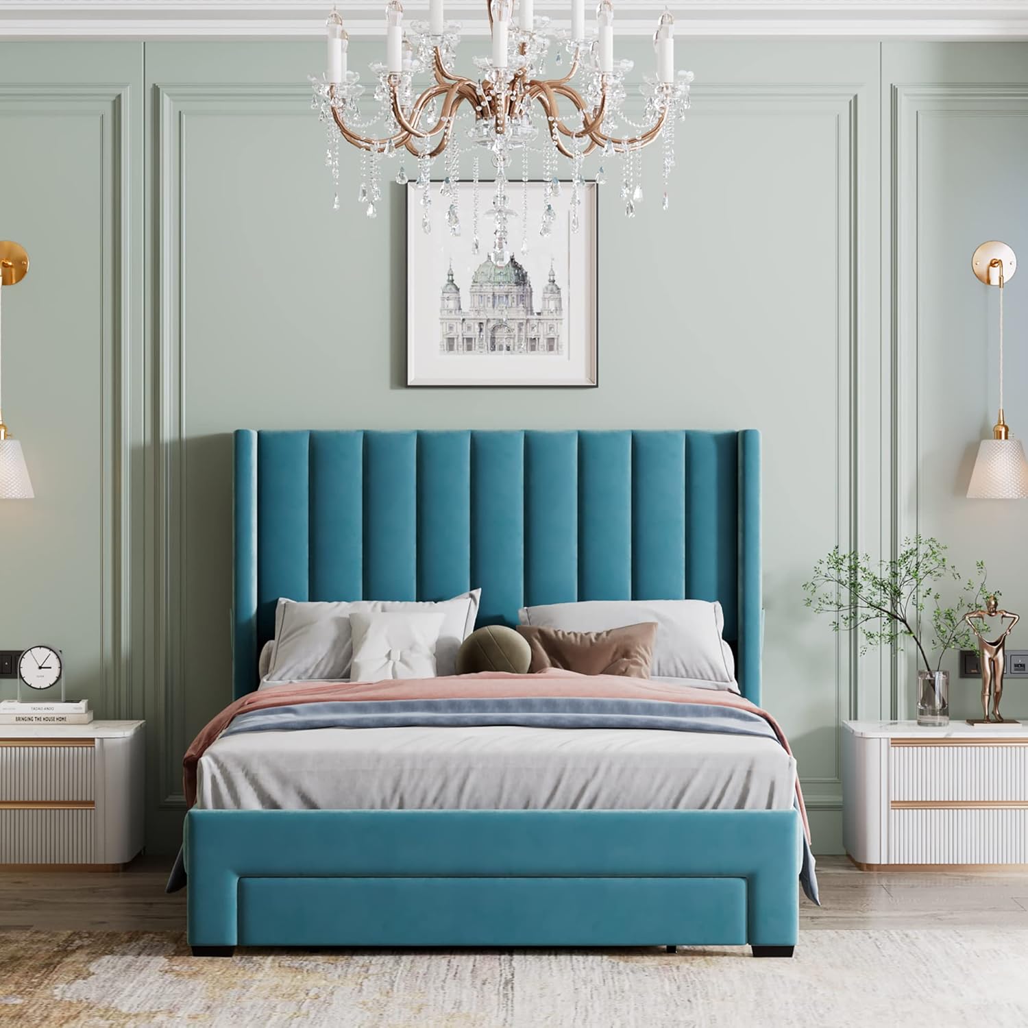 Amazon.com: Lifeand Full Size Storage Bed Velvet Upholstered Platform ...