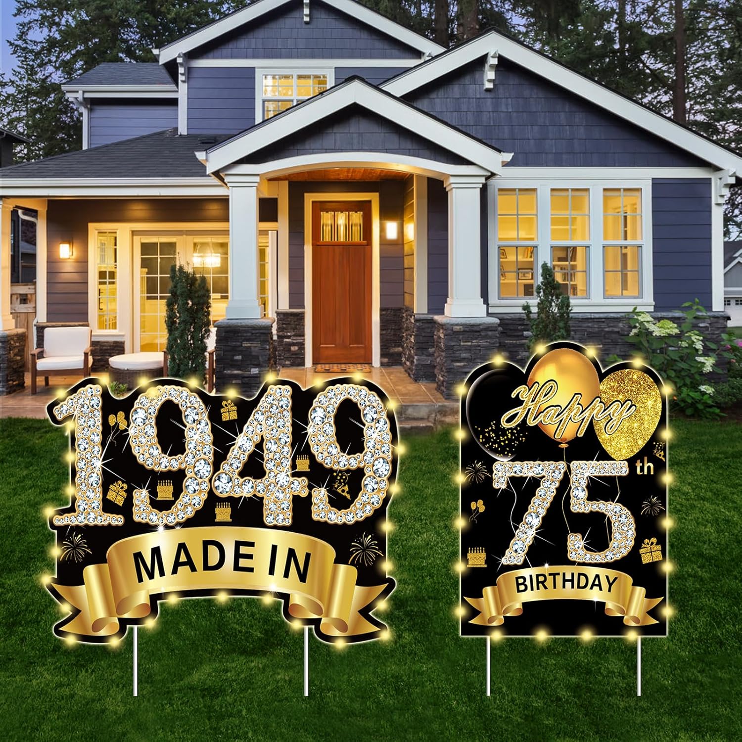 Amazon.com : 2Pcs Black Gold 75th Birthday Yard Sign Decoration with ...