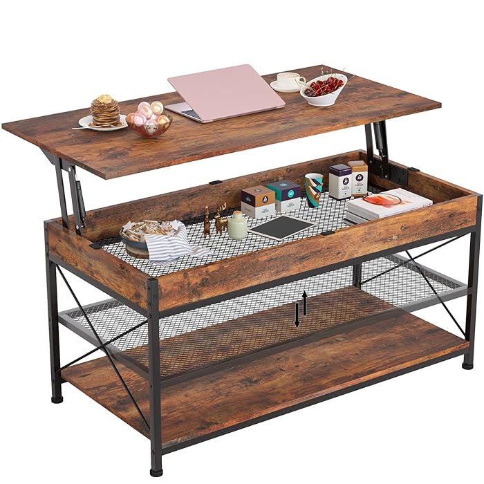 Buy Lift Top Coffee Table with Adjustable Mesh Shelf for Hidden ...