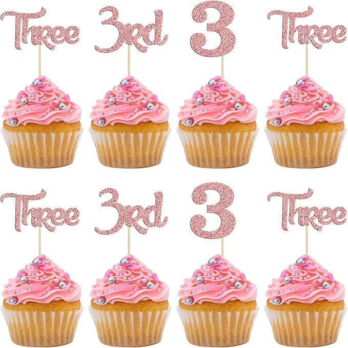 Amazon.com: 24 Pack Three Cupcake Toppers Glitter 3rd Birthday Cupcake ...