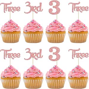 24 Pack Three Cupcake Toppers Glitter 3rd Birthday Cupcake Picks for ...