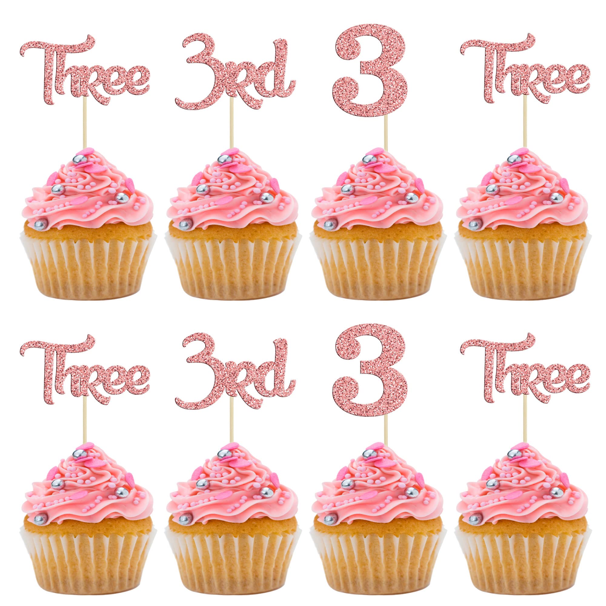 Amazon.com: 24 Pack Three Cupcake Toppers Glitter 3rd Birthday Cupcake ...