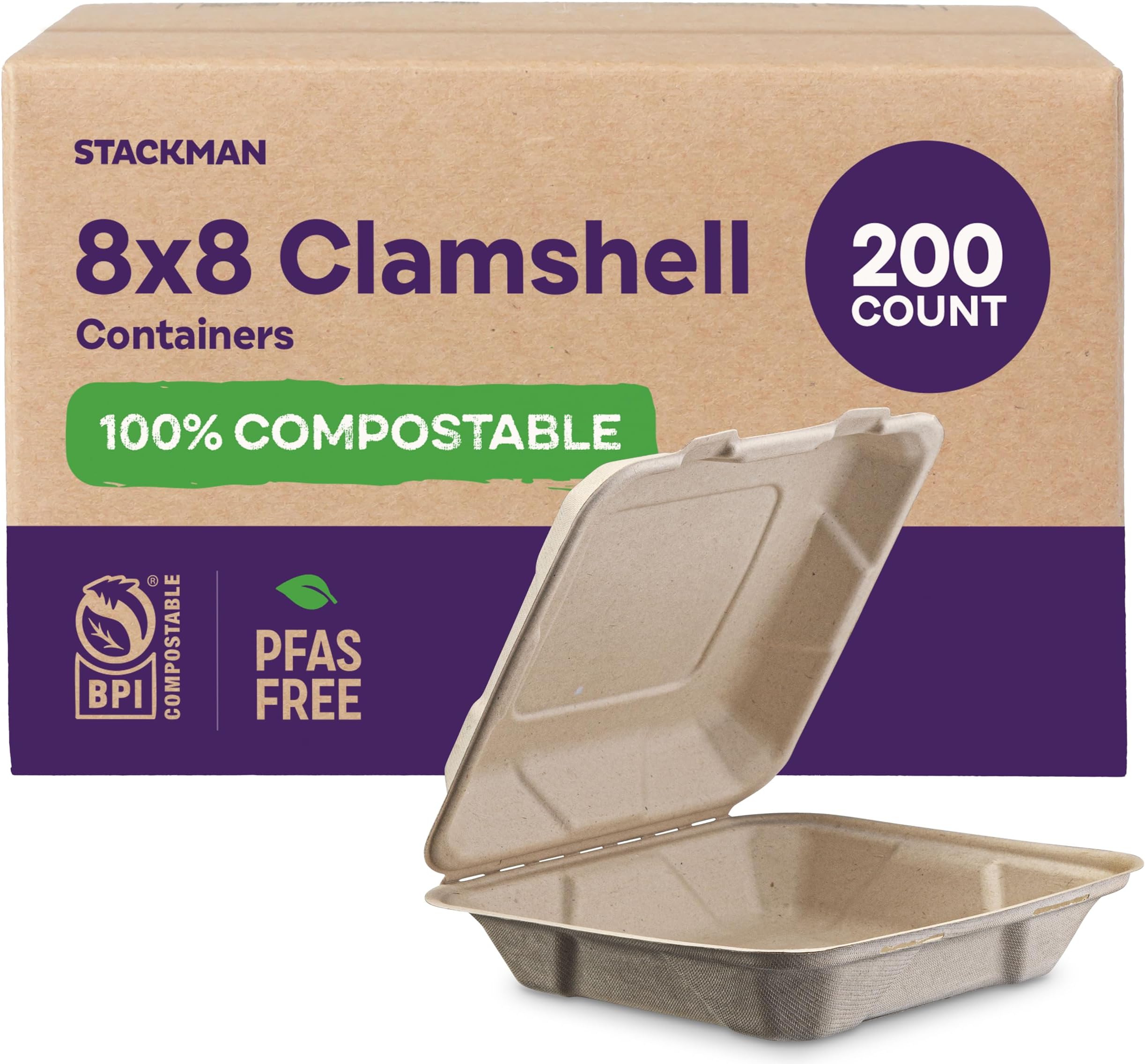 Amazon.com: Pony Packaging 8X8 50-Pack 100% Compostable Clamshell Take ...