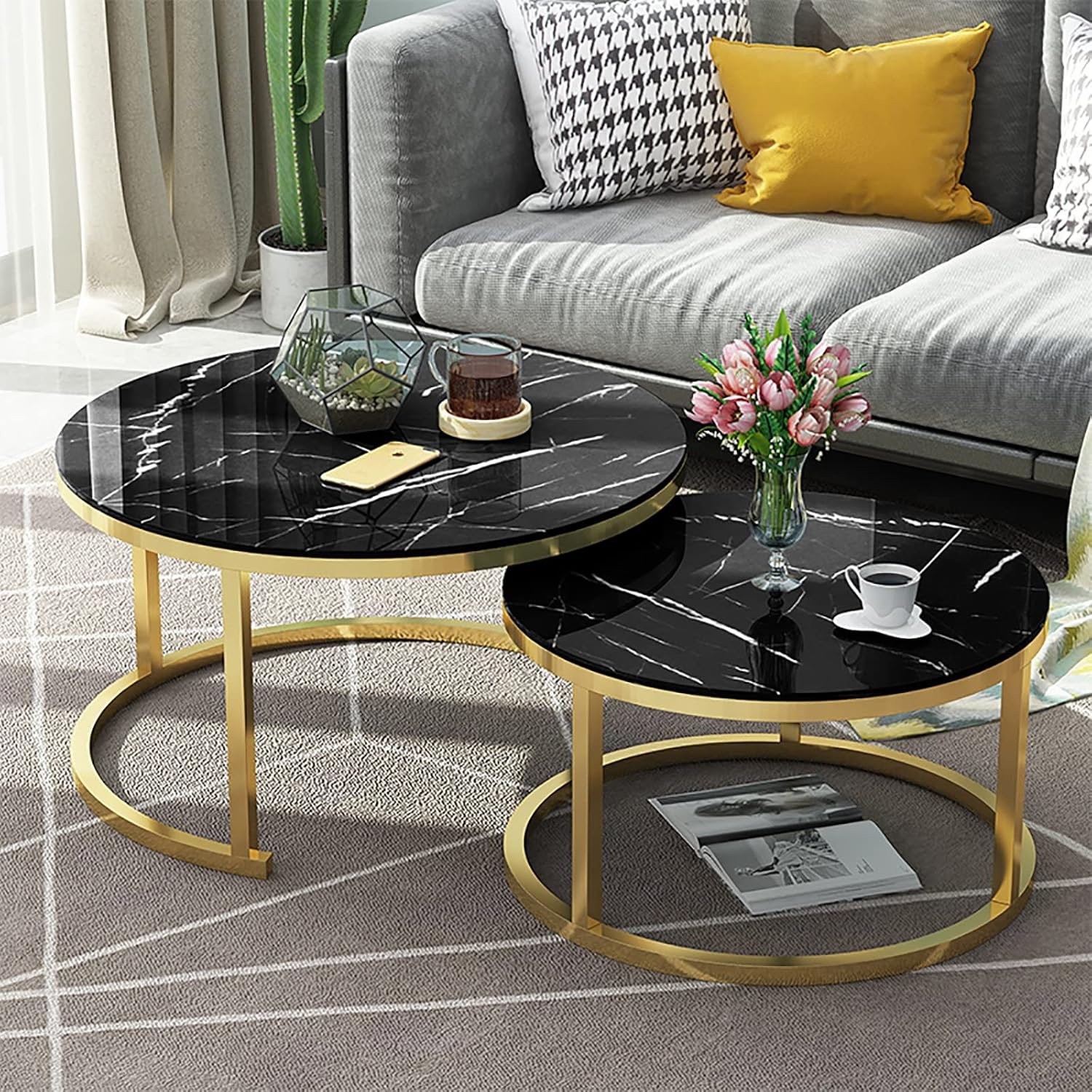 FUNGCO Set Of 2 Round Metal Frame Stacking Coffee Table, Marble-Effect ...