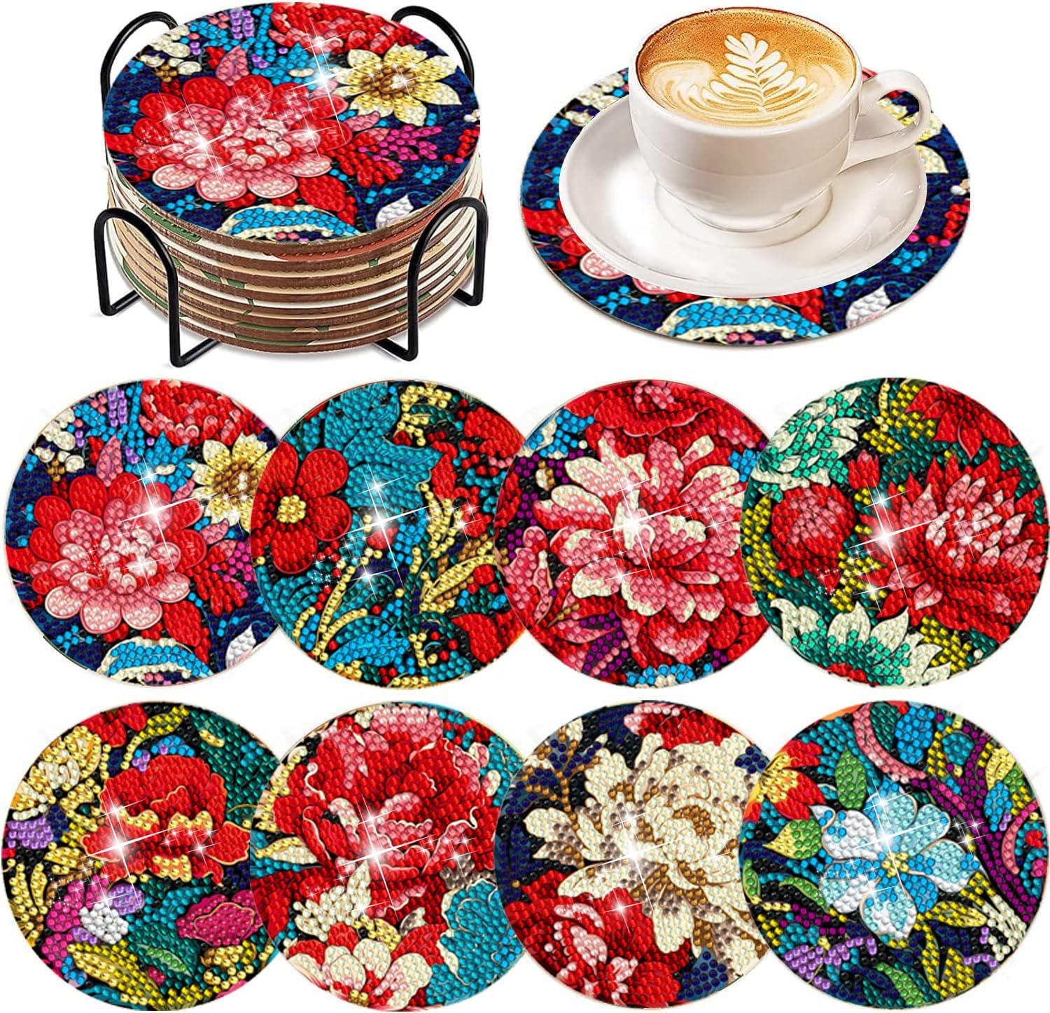 Amazon.com: EWJRNSF 8 PCS Flowers Diamond Painting Art Coaster Set with ...
