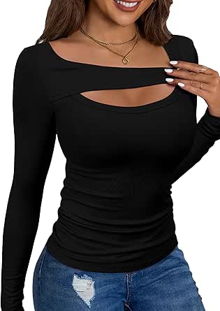 Ushdele Women's Tops Long Sleeve Shirts Sexy Cutout Ribbed Fitted ...