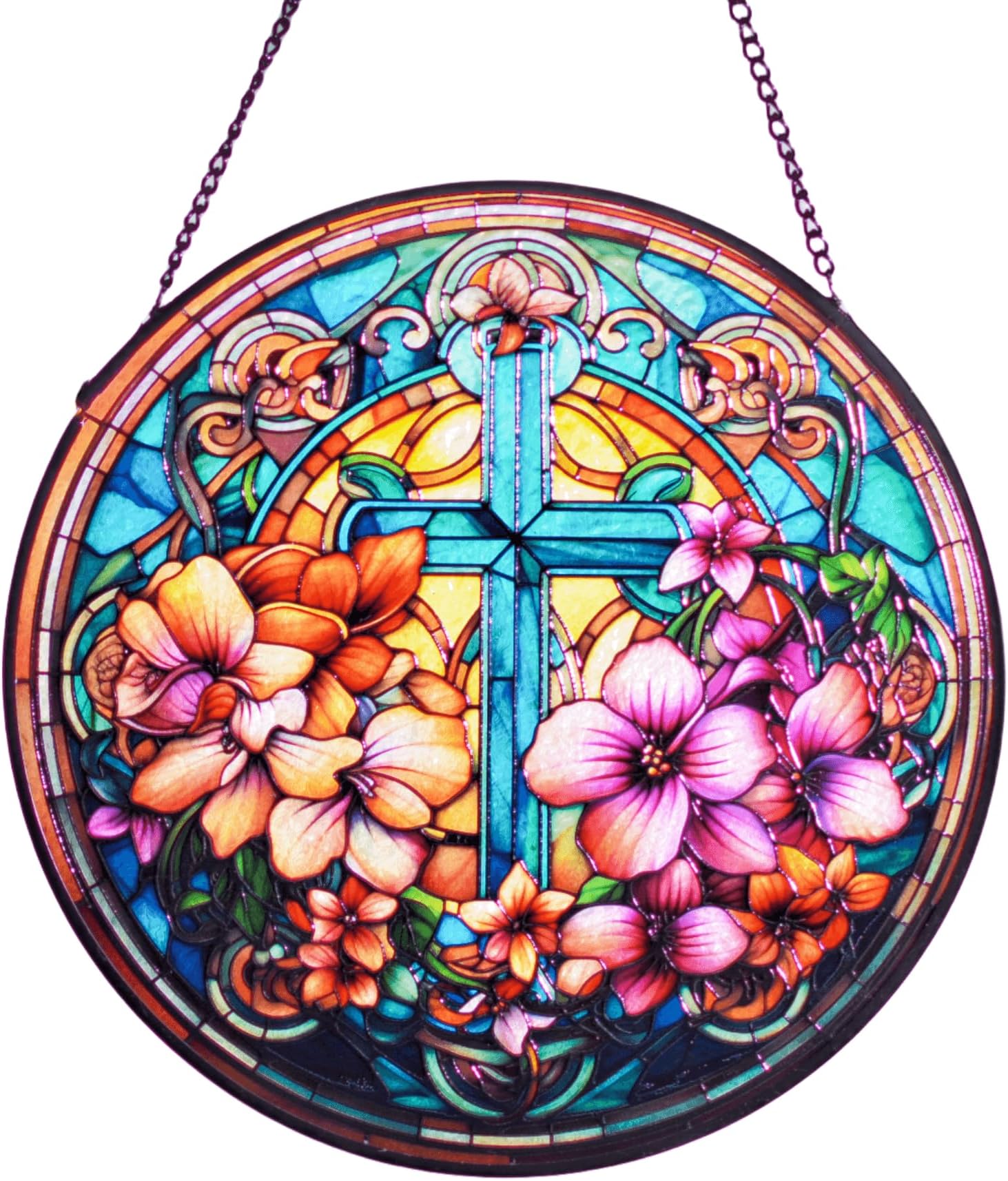 Amazon.com: Cross and Wildflowers Stained Glass Suncatcher, Christian ...