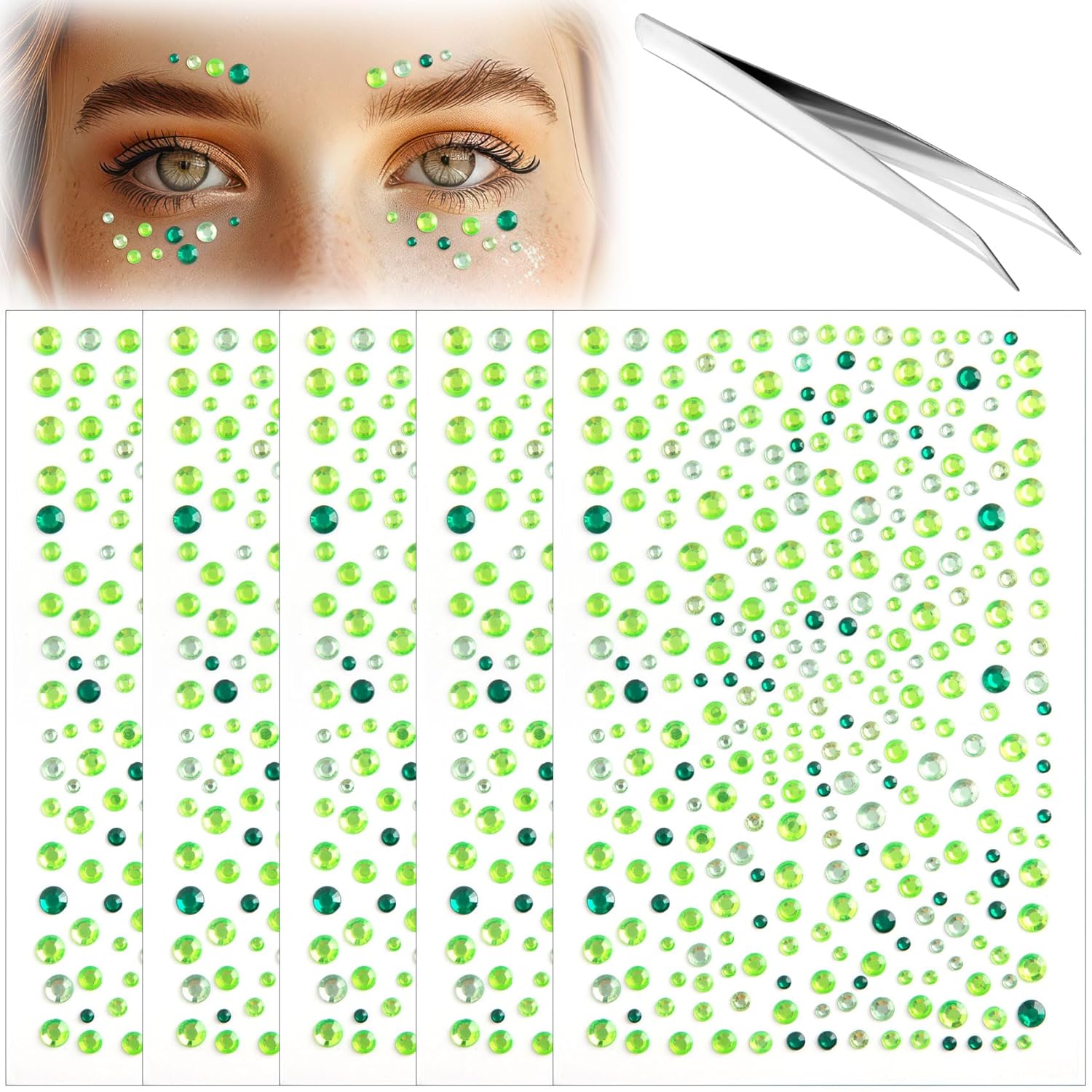 Amazon.com : Alpinleux 5 Sheets Self Adhesive Face Gems, Green ...