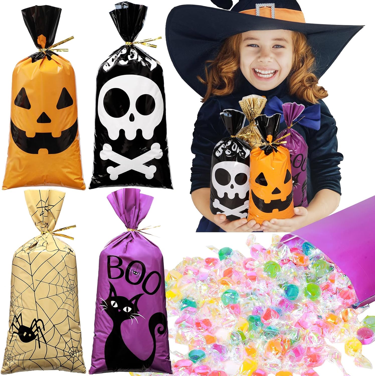 Amazon.com: 100 Pcs Halloween Candy Gift Bag Halloween Cellophane Bag ...