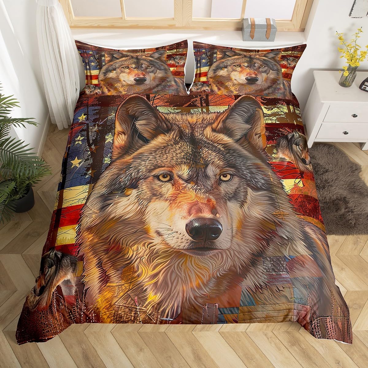 Amazon.com: American Flag Duvet Cover Cute Wolf Bedding Set for Kids ...