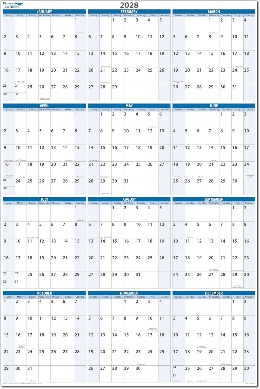 Amazon.com: PlanetSafe Calendars 2028 Annual 36" x 24" - 12-Month ...
