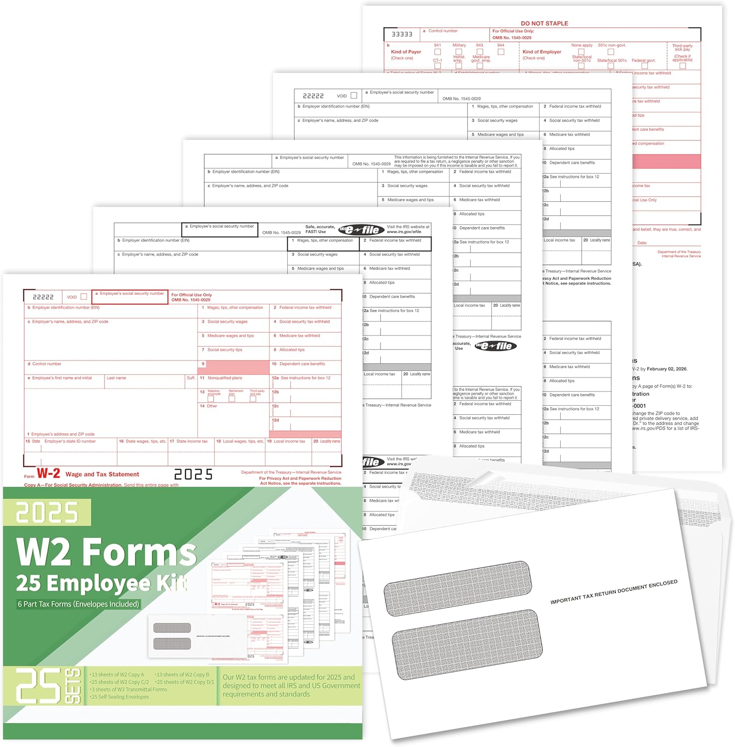 W2 Forms 2025,W2 Tax Forms 2025 with Envelopes,6 Part W2 Tax Forms 2025,25 Employee Kit of Laser ...
