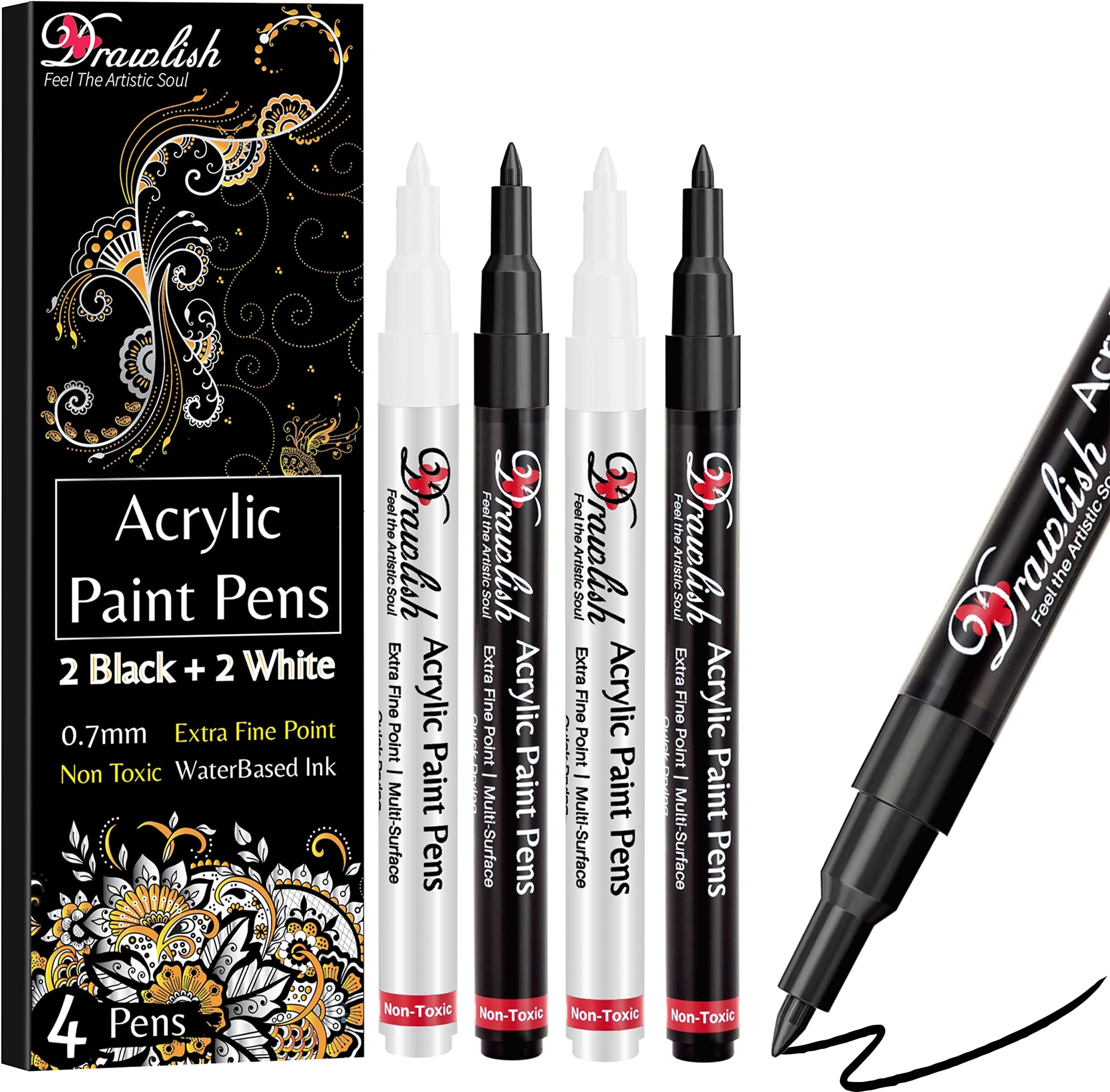 Drawlish Acrylic Paint Pens, Black & White Pen Set of 4 Glass Paint ...
