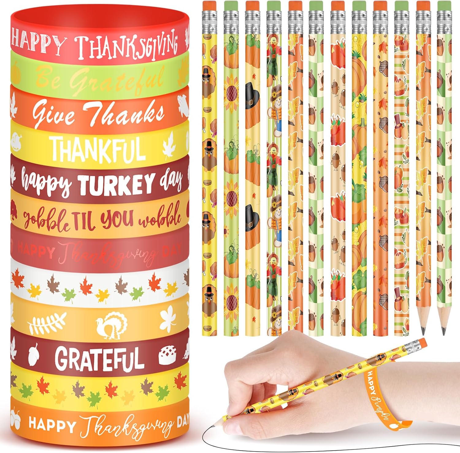 Amazon.com: Sabary 48 Pcs Fall Pencils Thanksgiving Silicone Bracelets ...