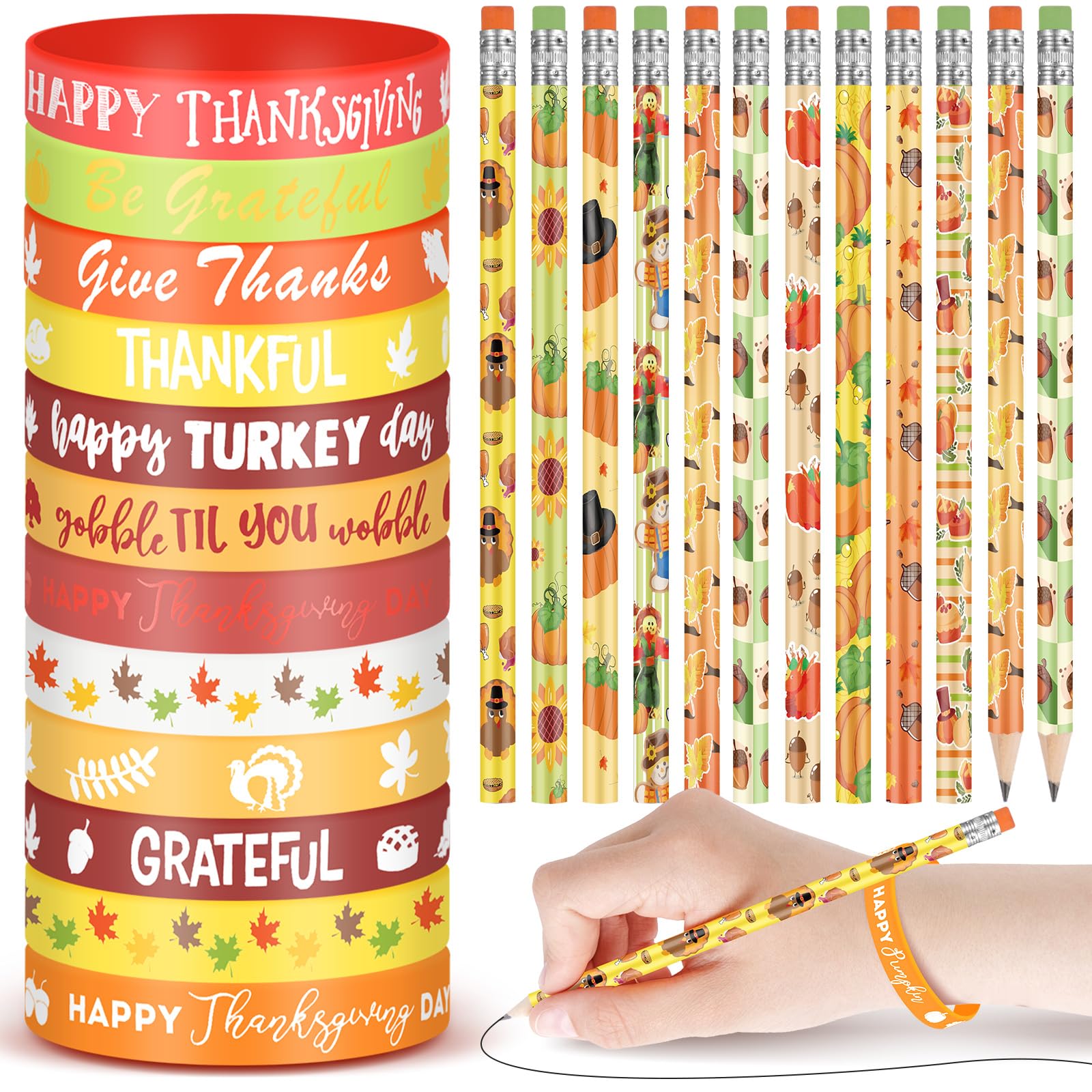 Amazon.com : Sabary 48 Pcs Fall Pencils Thanksgiving Silicone Bracelets ...