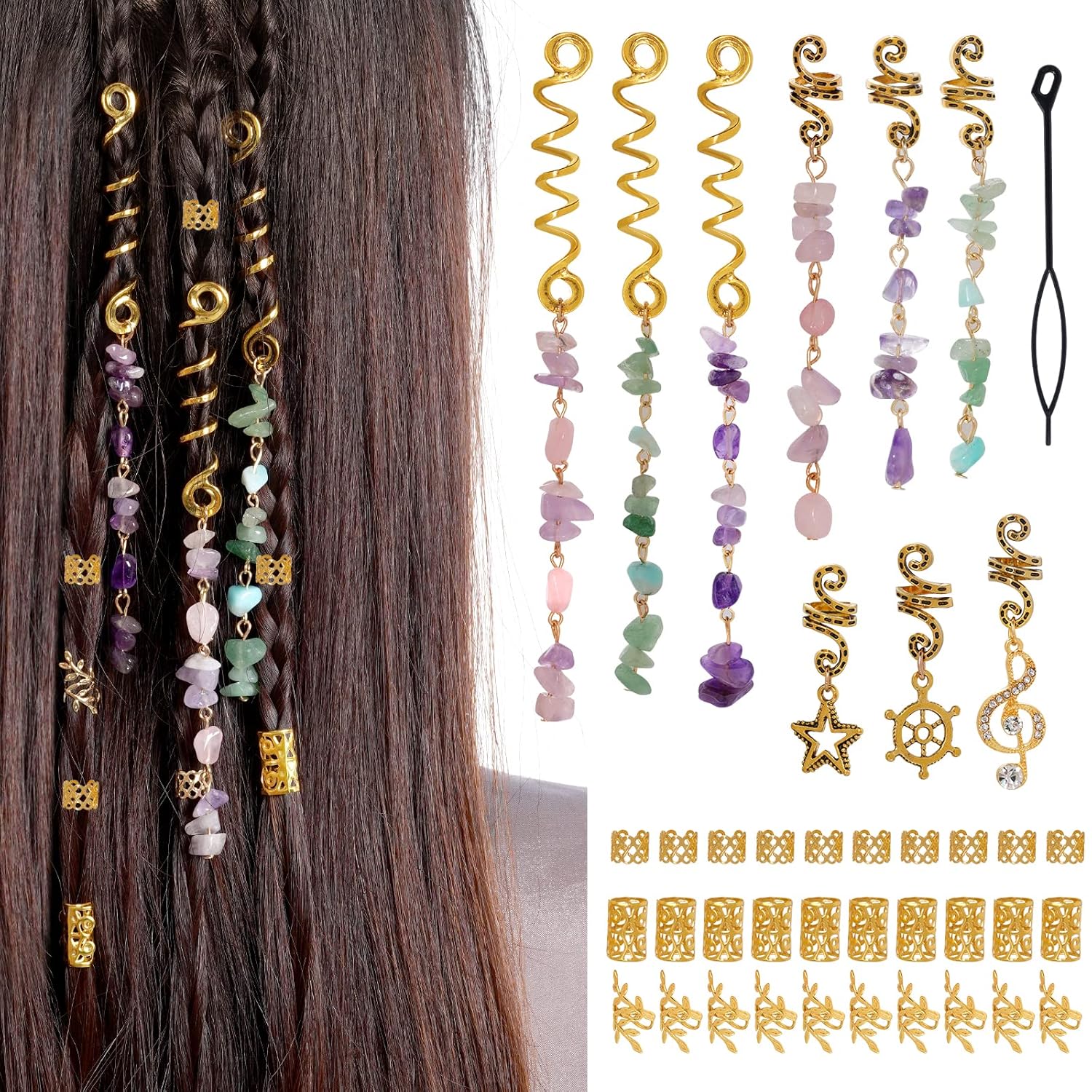 Amazon.com : 40Pcs Hair Jewelry for Braids, hoyuwak Natural Colored ...